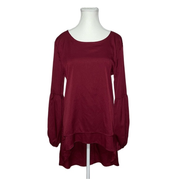 Tops | Red Tunic Blouse With Long Puff Sleeves | Poshmark